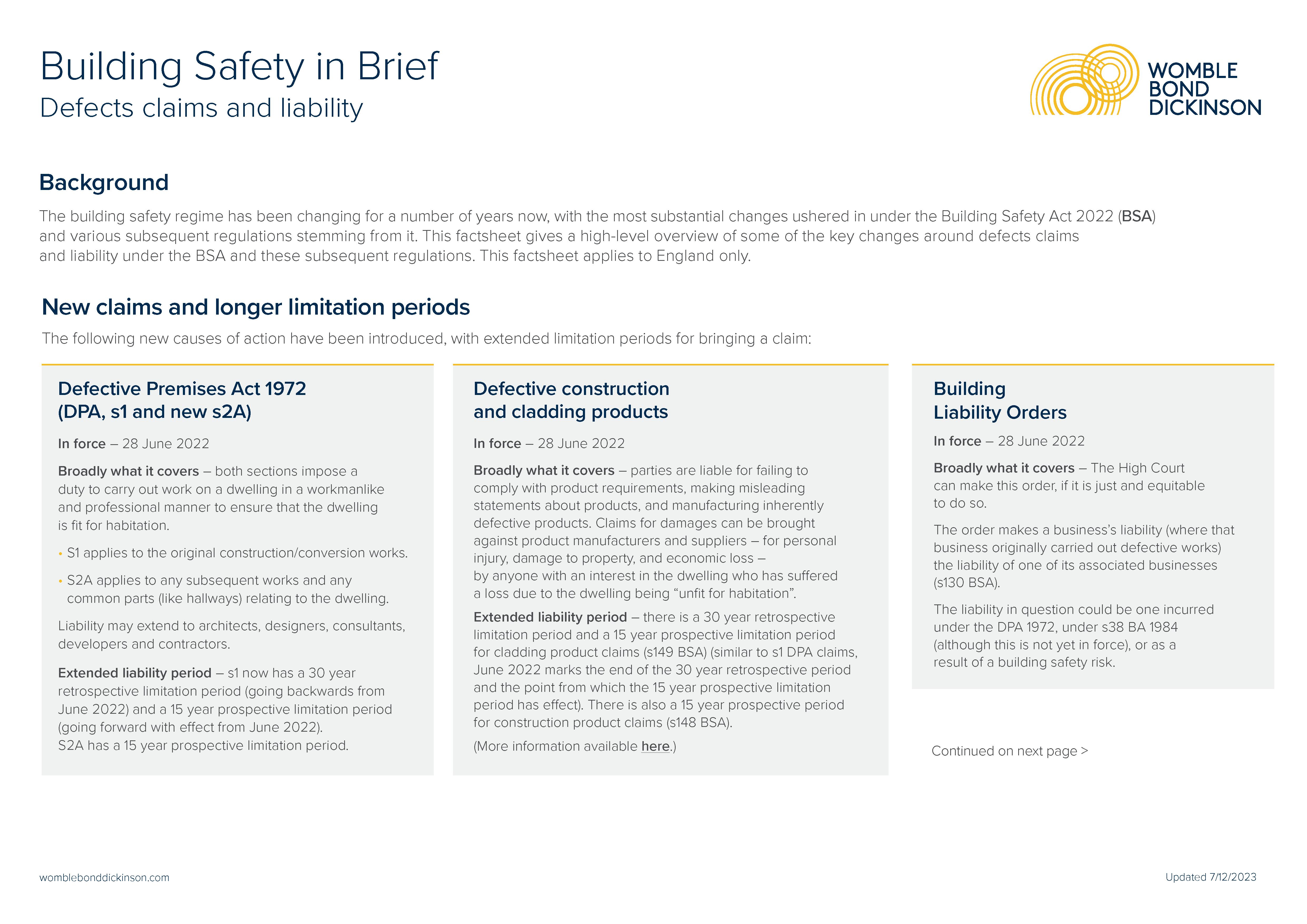 Building safety in brief: defects claims and liability | Womble Bond ...